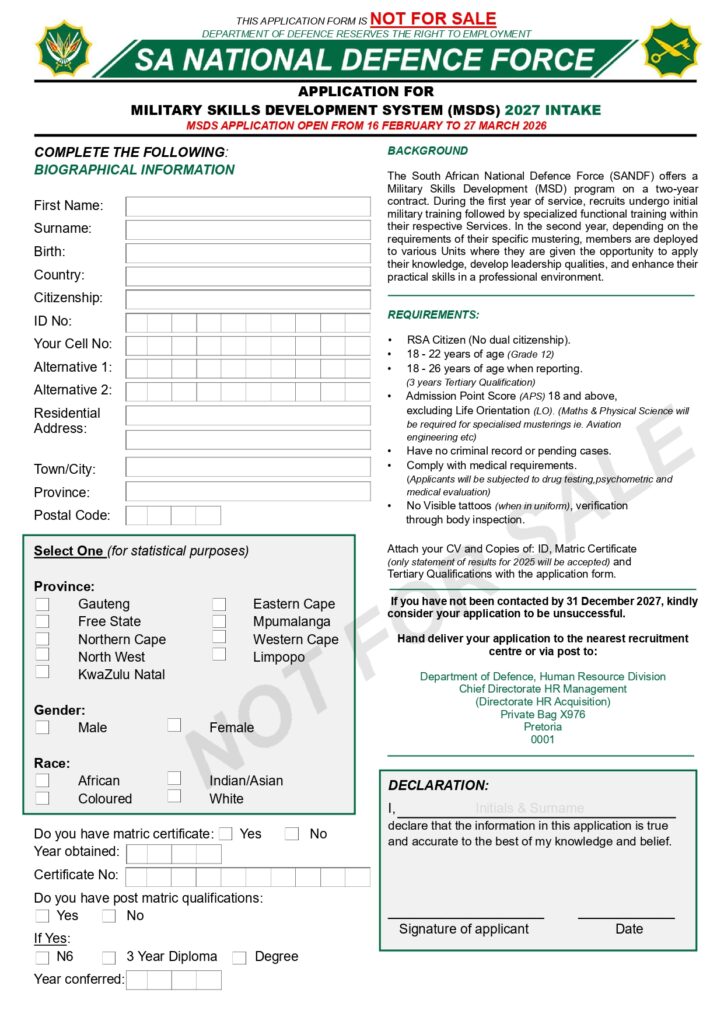 SANDF MSDS Military Application Forms 2027 (PDF download)